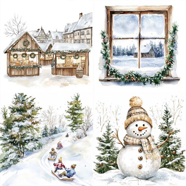 Watercolor Winter Wonderland Clipart Set: Snowy Forests, Cabins ...