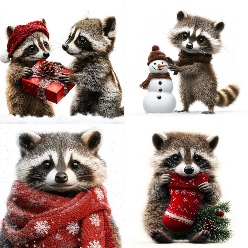 Christmas Raccoon Clipart PNG Bundle: Holiday Illustrations (digital ...