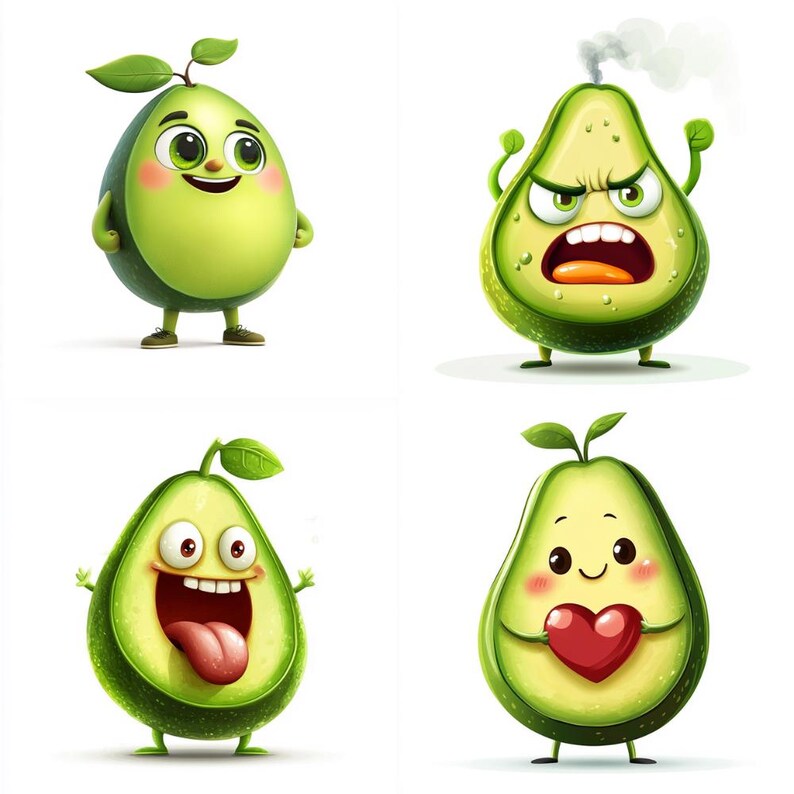35 Cute Avocado Faces Clipart PNG - 35 PNG Kawaii Avocados With Funny ...