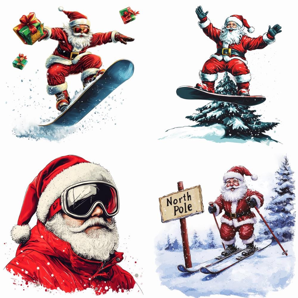Skiing & Snowboarding Santa Clipart – 27 PNG Funny Holiday Sport ...