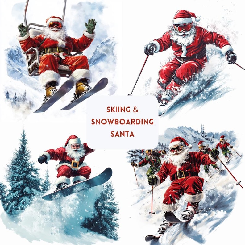 Skiing & Snowboarding Santa Clipart – 27 PNG Funny Holiday Sport ...