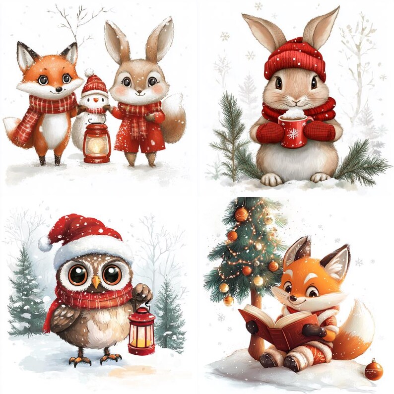 Christmas Forest Animals Clipart – Fox, Owl and Rabbit Holiday Vector ...