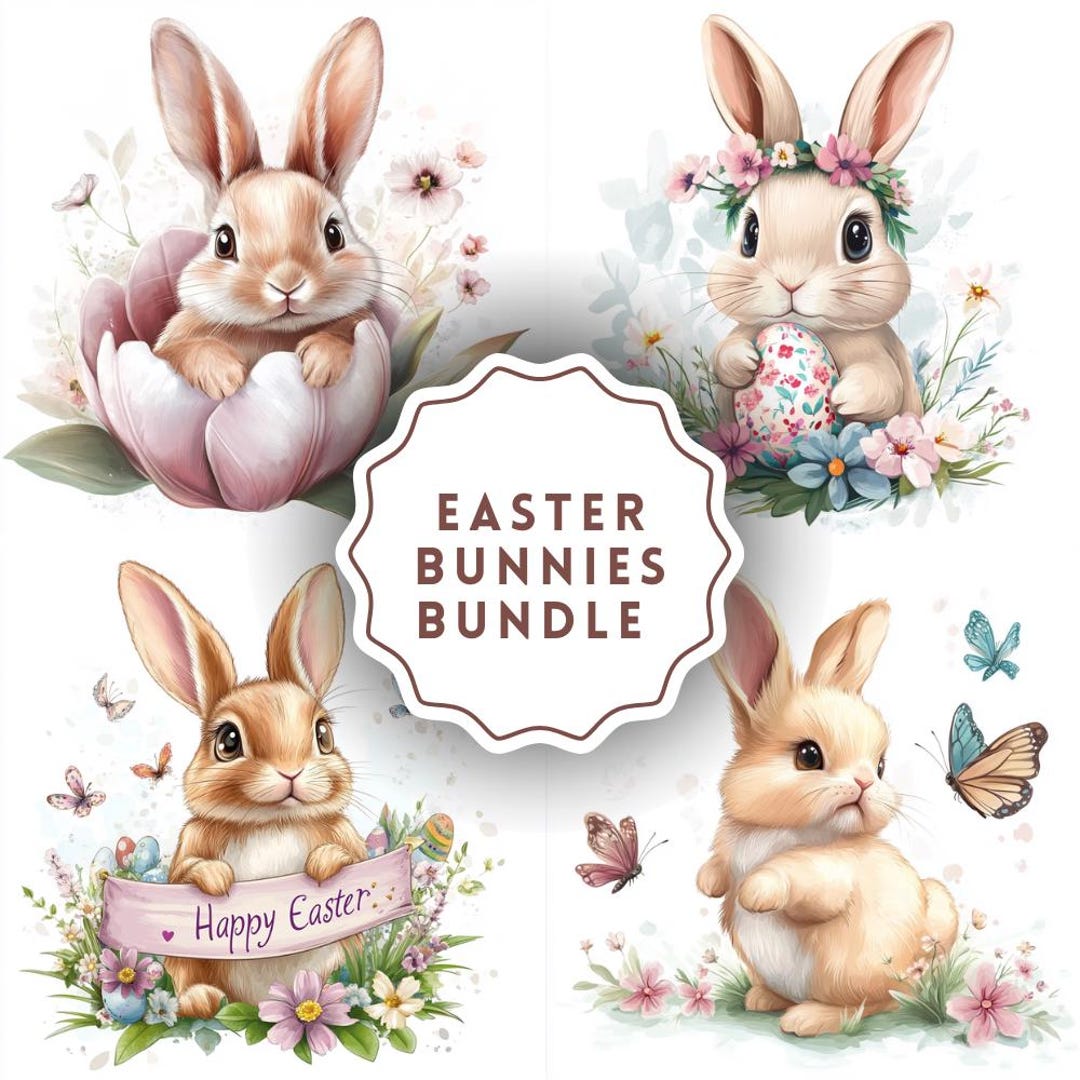 Easter Bunnies Clipart: Pastel Spring Rabbits With Flowers (PNG Digital ...