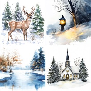 Watercolor Winter Wonderland Clipart Set: Snowy Forests, Cabins ...