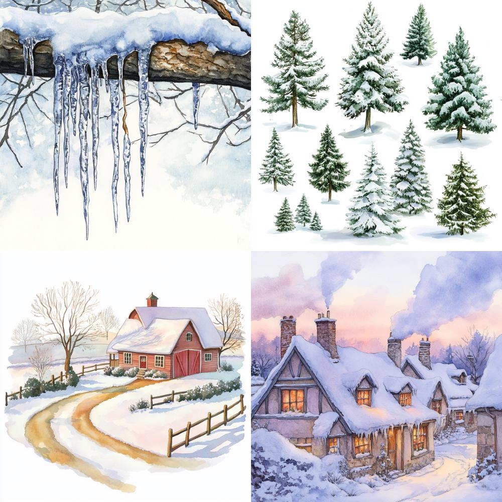 Watercolor Winter Wonderland Clipart Set: Snowy Forests, Cabins ...