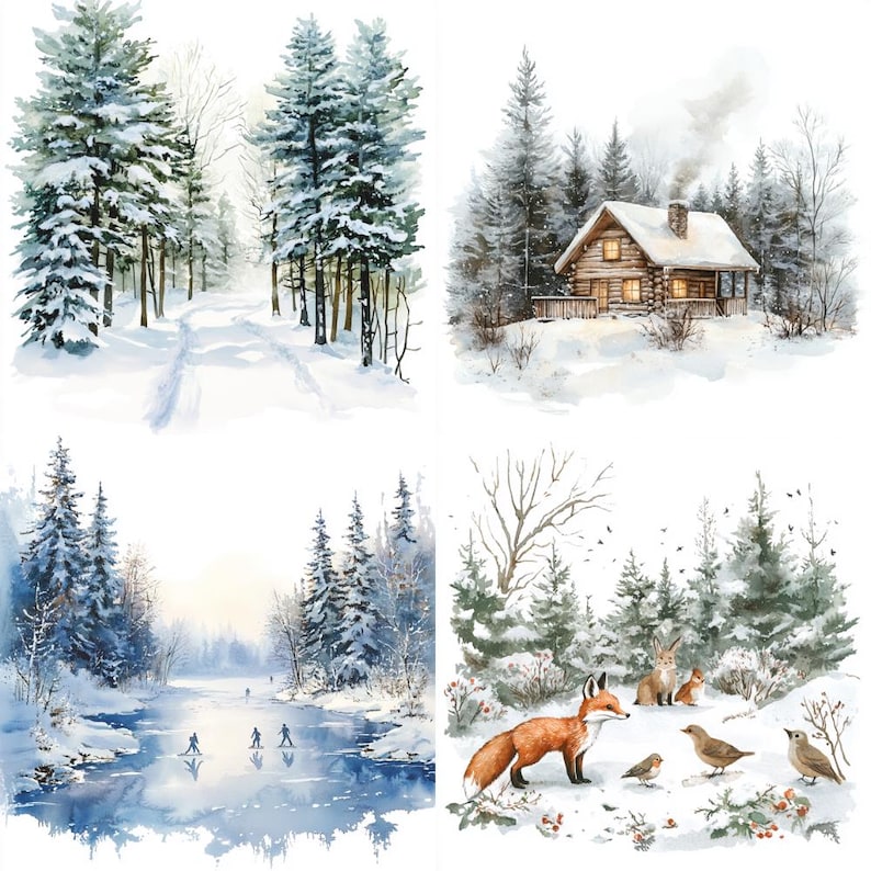 Watercolor Winter Wonderland Clipart Set: Snowy Forests, Cabins ...