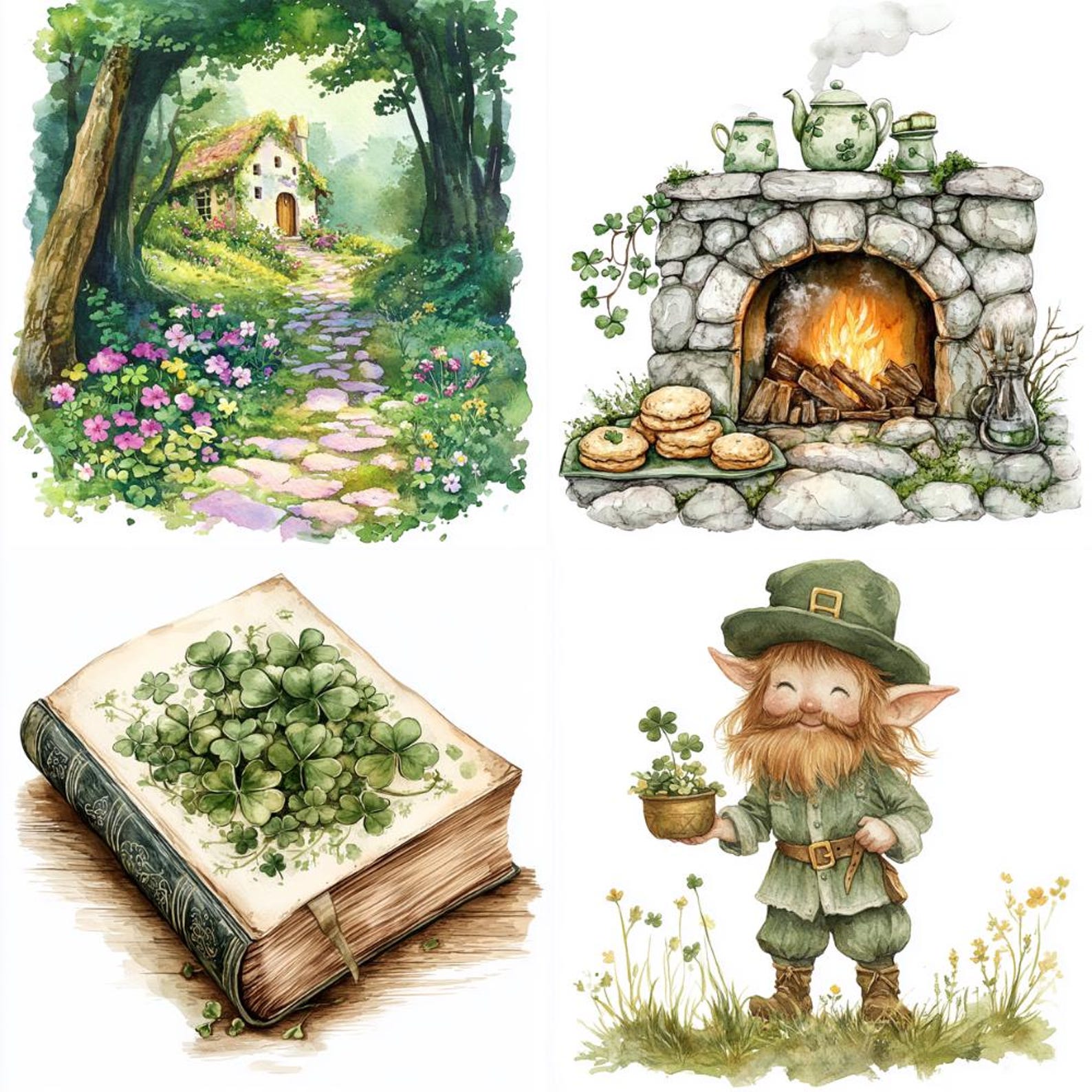 Cottagecore Irish Clipart: Watercolor Clovers, Leprechauns (PNG Digital ...