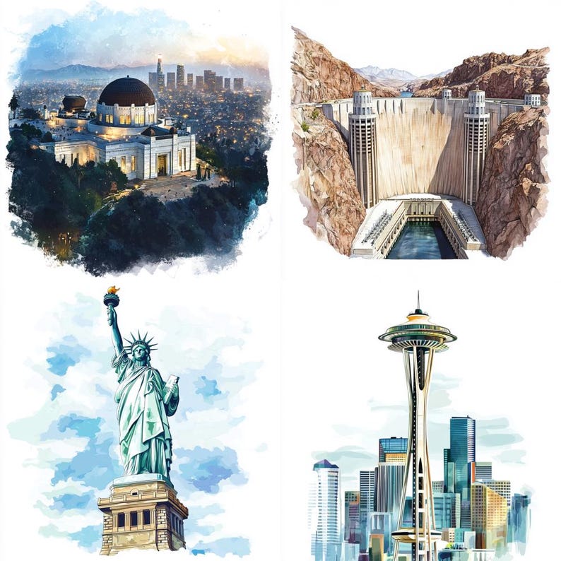 52 Famous American Landmarks Clipart PNG - 52 USA Travel Illustrations ...