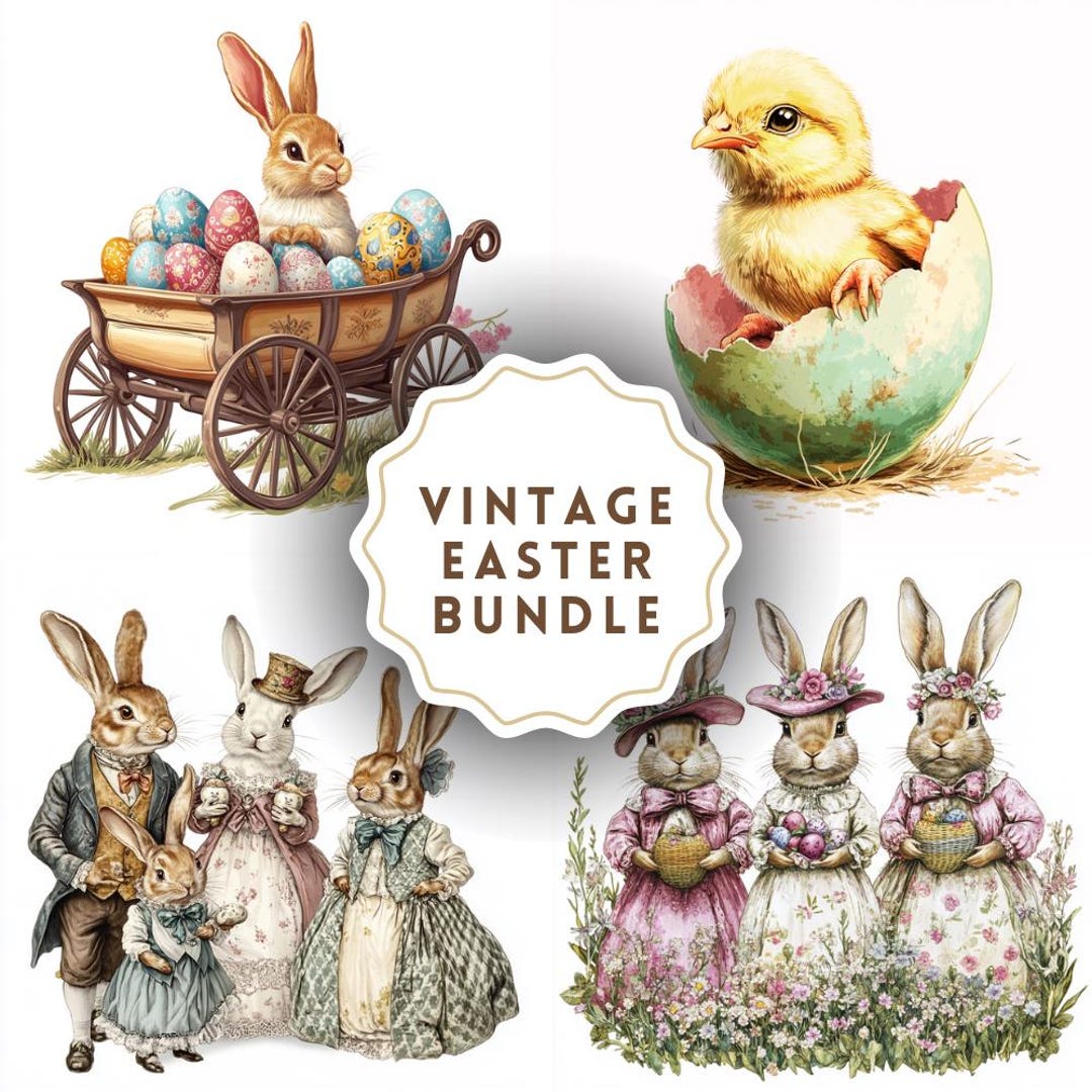 Vintage Easter Clipart PNG: Retro Bunnies, Commercial Use (digital ...