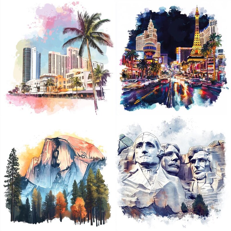 52 Famous American Landmarks Clipart PNG - 52 USA Travel Illustrations ...