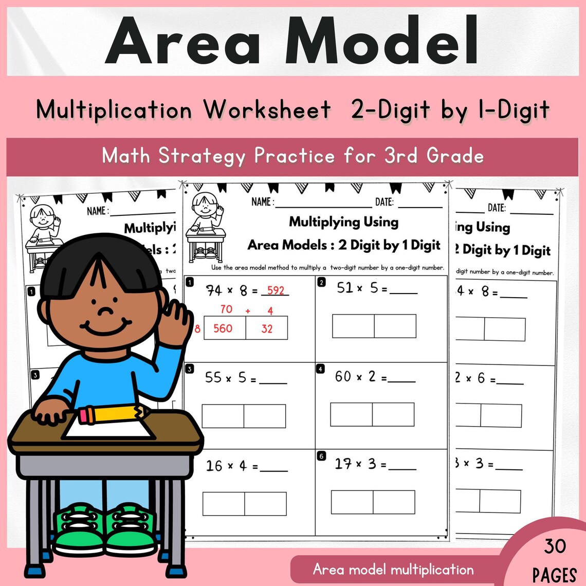 Area Model Multiplication Worksheet | 2-digit by 1-digit | Math ...