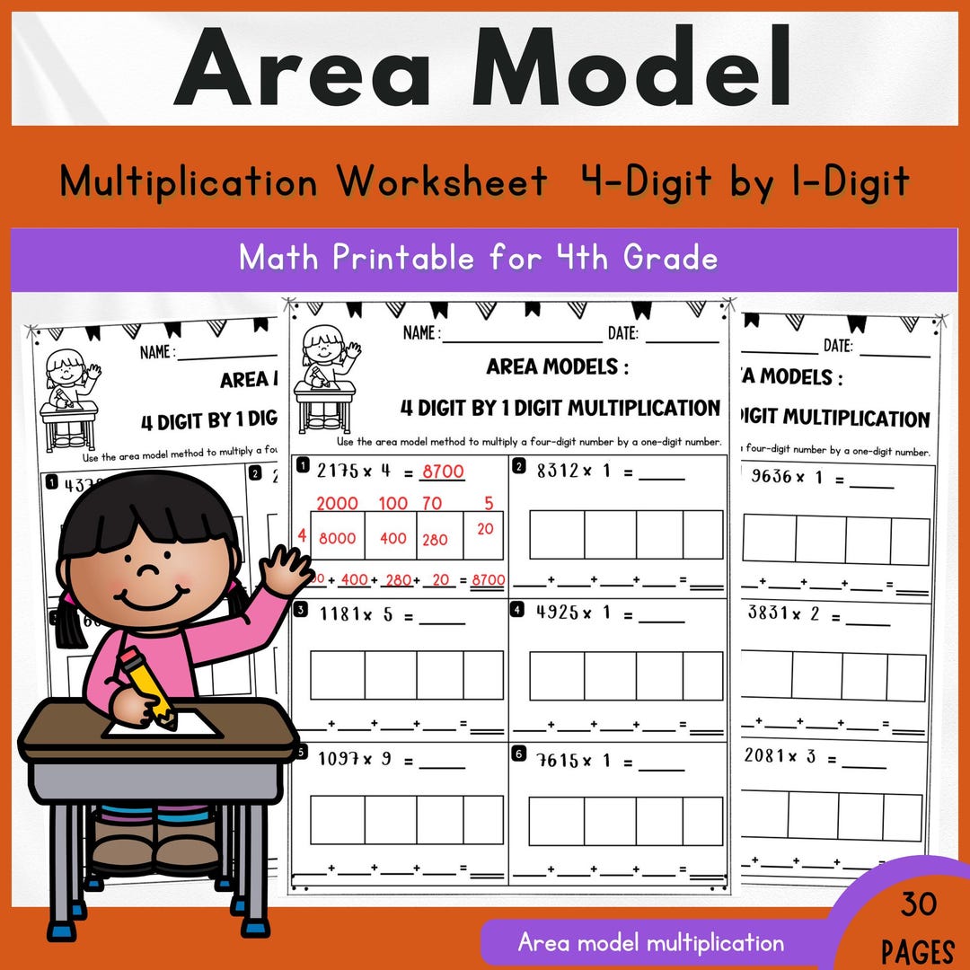 Area Model Multiplication Worksheet | 4-digit by 1-digit | Math ...