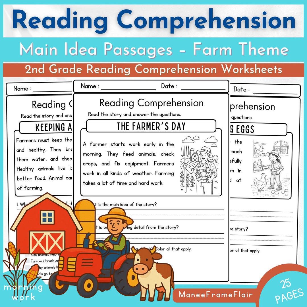 Main Idea Worksheets for 2nd Grade | Farm Theme Reading Comprehension ...
