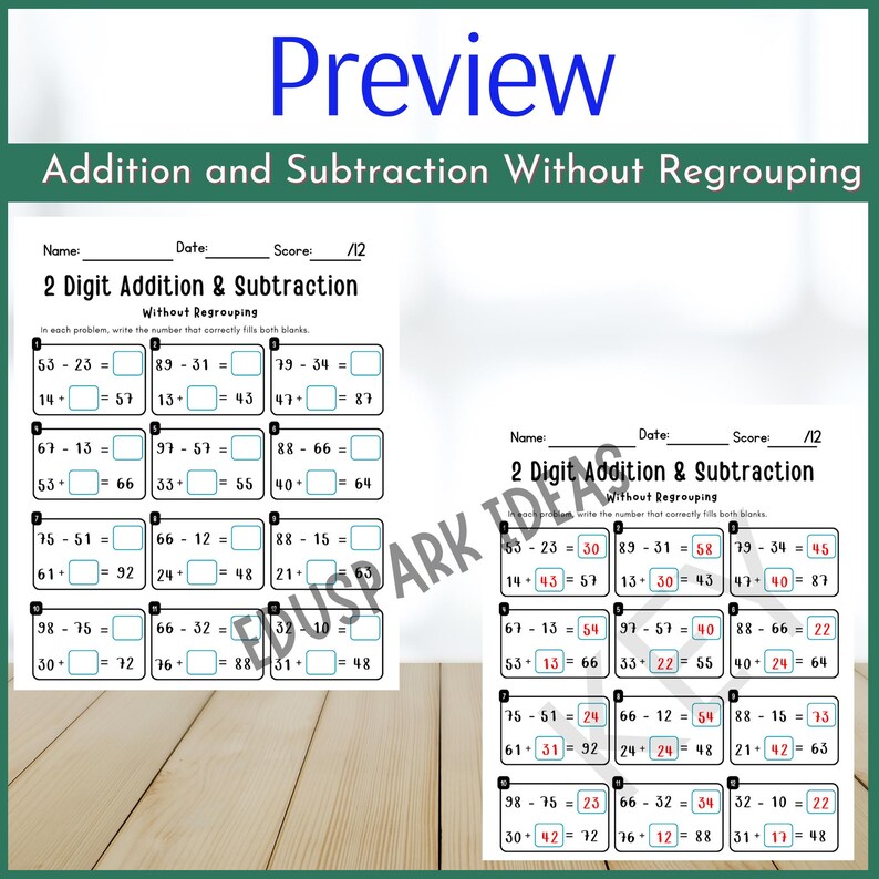 2-digit Addition and Subtraction Worksheet | Without Regrouping | Fill ...