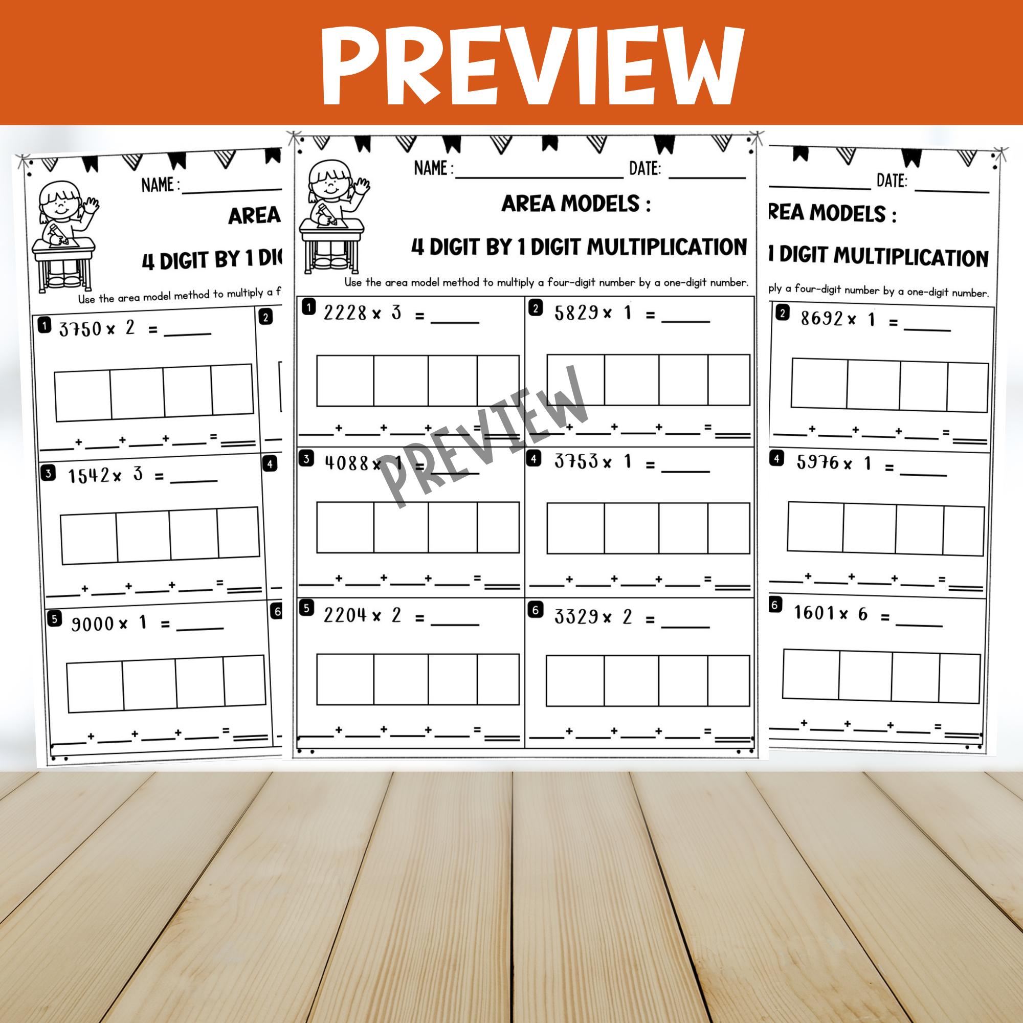Area Model Multiplication Worksheet | 4-digit by 1-digit | Math ...