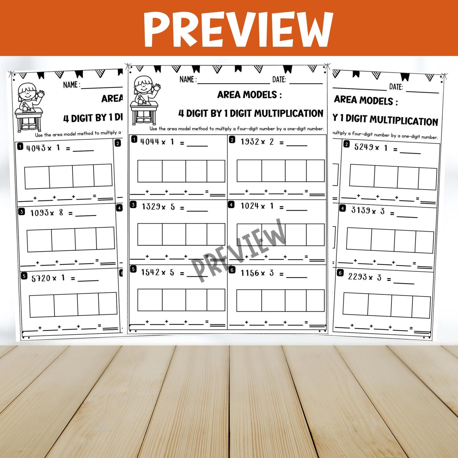 Area Model Multiplication Worksheet | 4-digit by 1-digit | Math ...