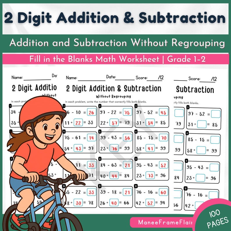 2-digit Addition and Subtraction Worksheet | Without Regrouping | Fill ...