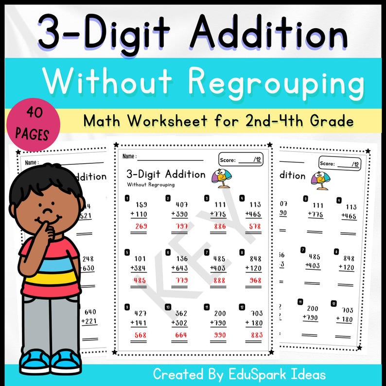 3-digit Addition Worksheet | Without Regrouping | Math Printable for ...