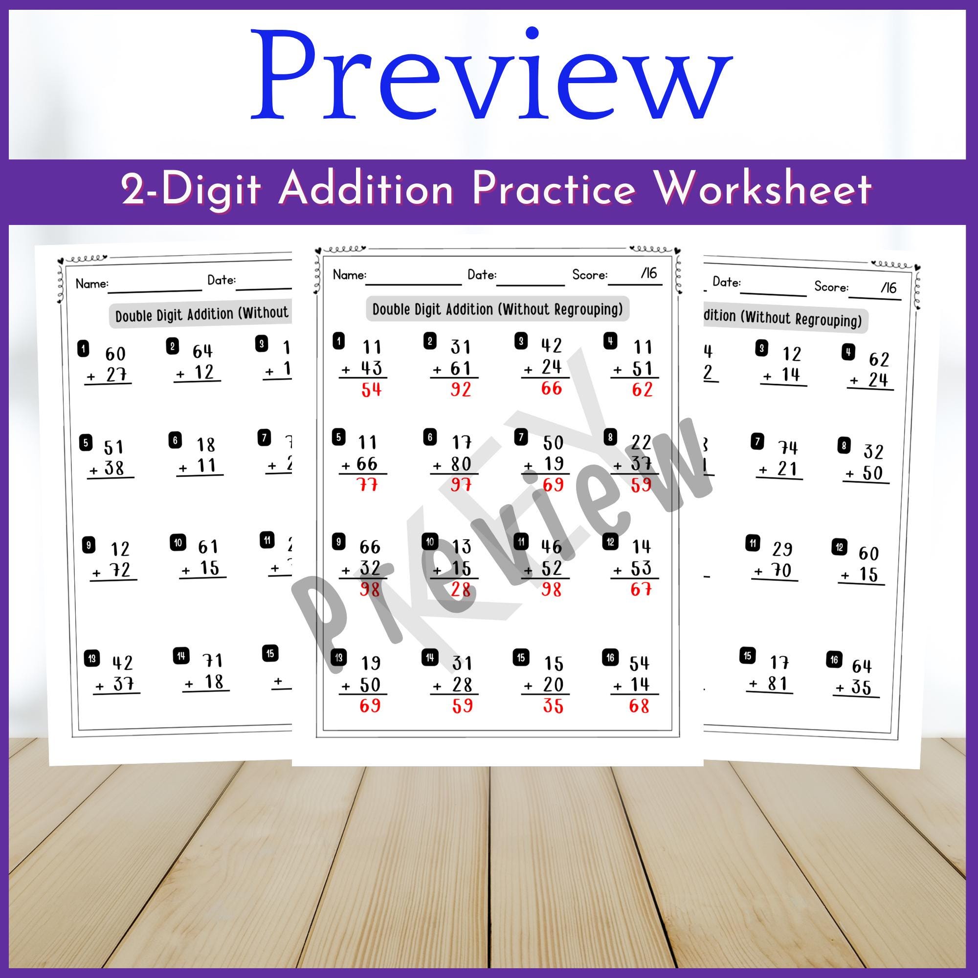 Double Digit Addition Worksheet | Without Regrouping | 2-digit Math ...