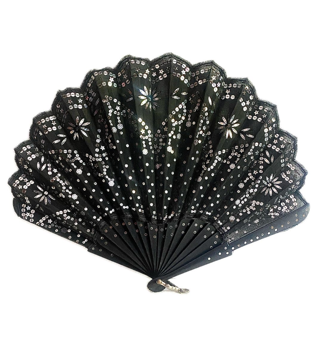 Antique, Arched Folding Fan, Victorian, Deco, 1910, 1920, Black Organza ...