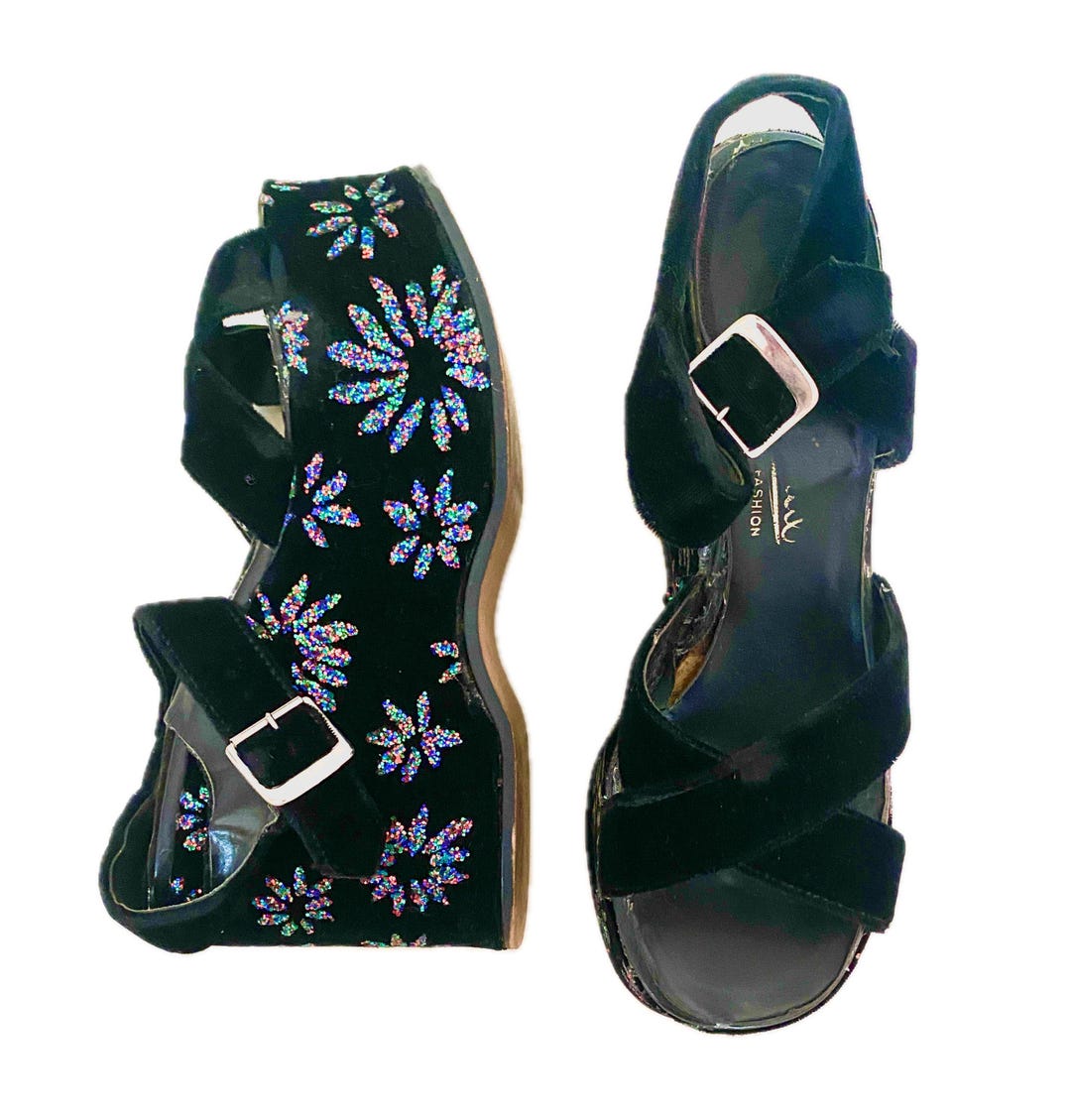 Vintage, 1960s, Women’s Mod Velvet Platform Sandals, With Glitter ...