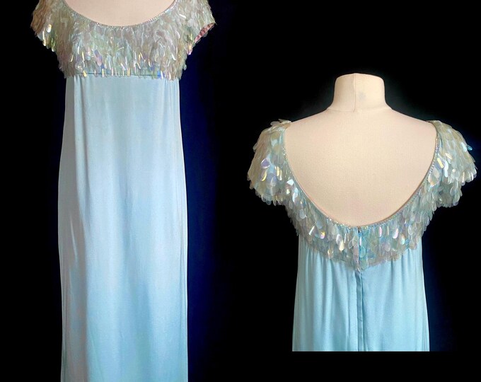 1960s, Vintage, Ice Blue, Powder Blue, Empire Waist, Maxi, Sheath, Gown ...