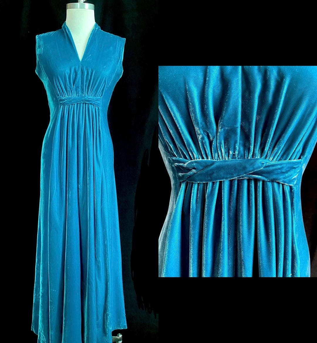 1950s, Shimmering, Vintage, Cerulean, Turquoise, Blue, Velvet, Maxi ...