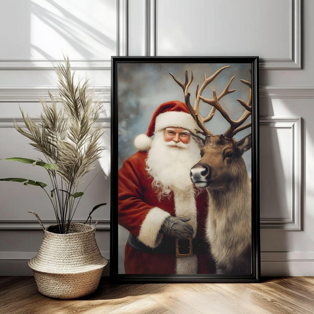 Vintage Santa Claus and Reindeer Poster, Santa Poster, Christmas Wall ...