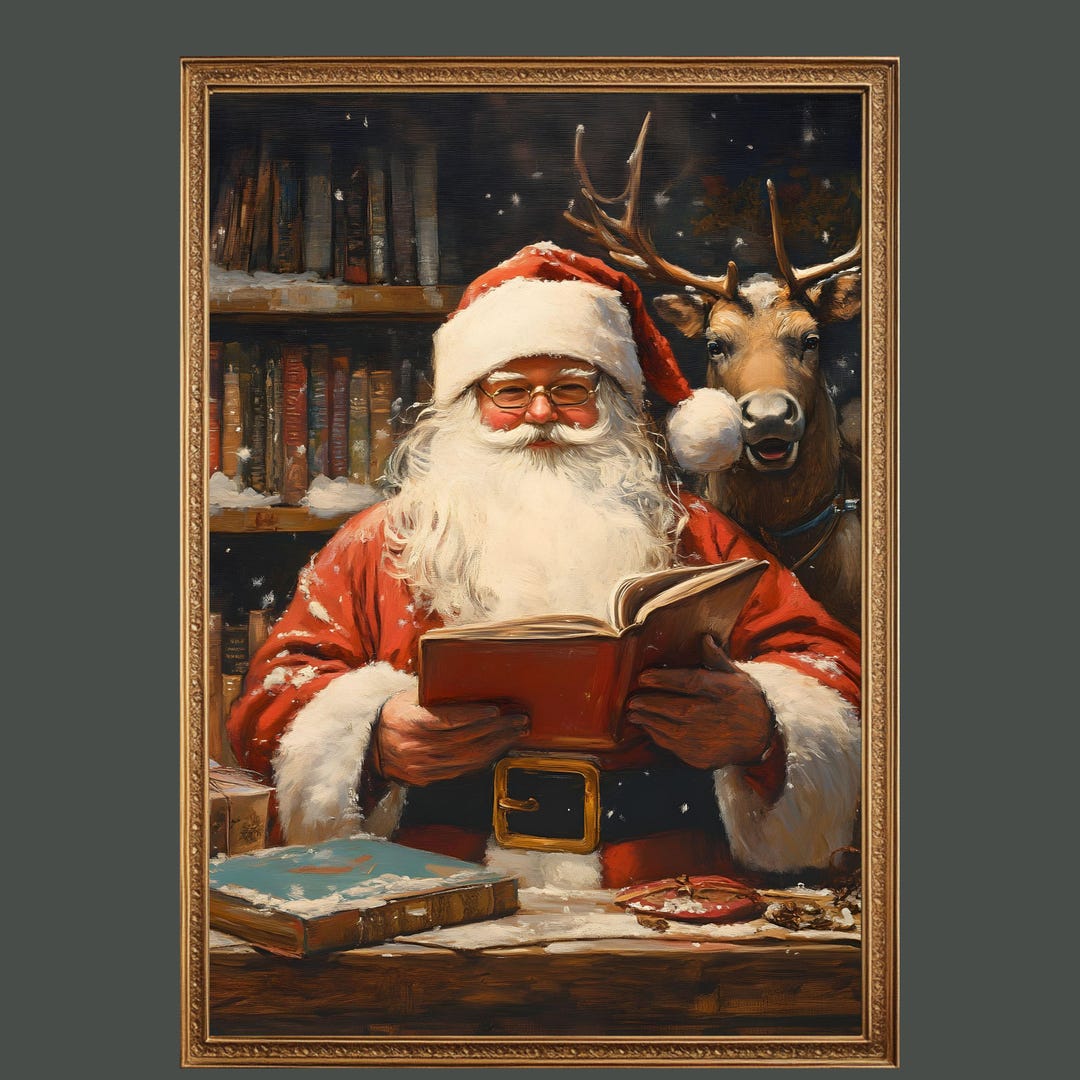 Vintage Santa Claus and Reindeer Painting, Christmas Printable Wall Art ...