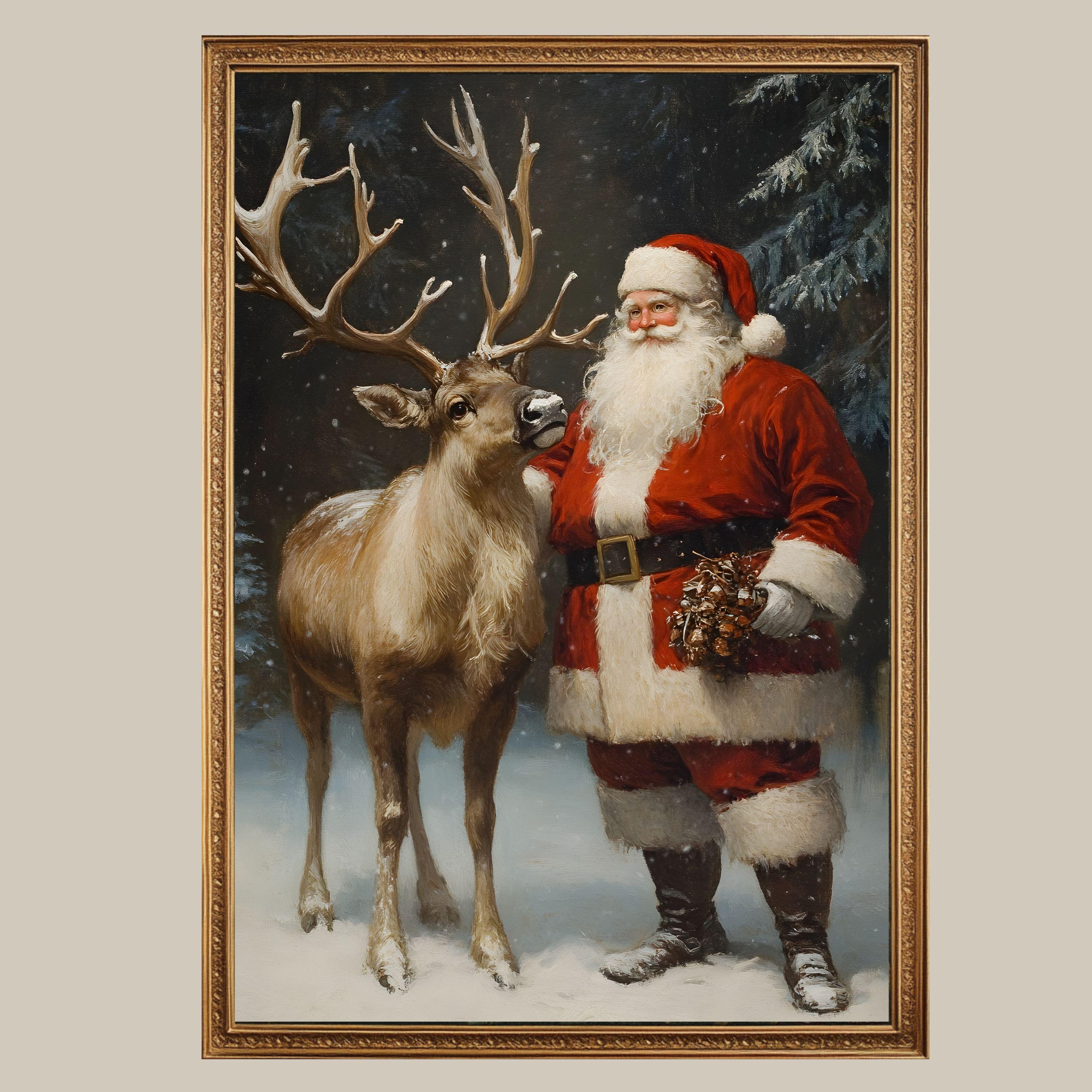 Santa Reindeer Christmas Wall Art, Santa Claus Decor Poster Print ...