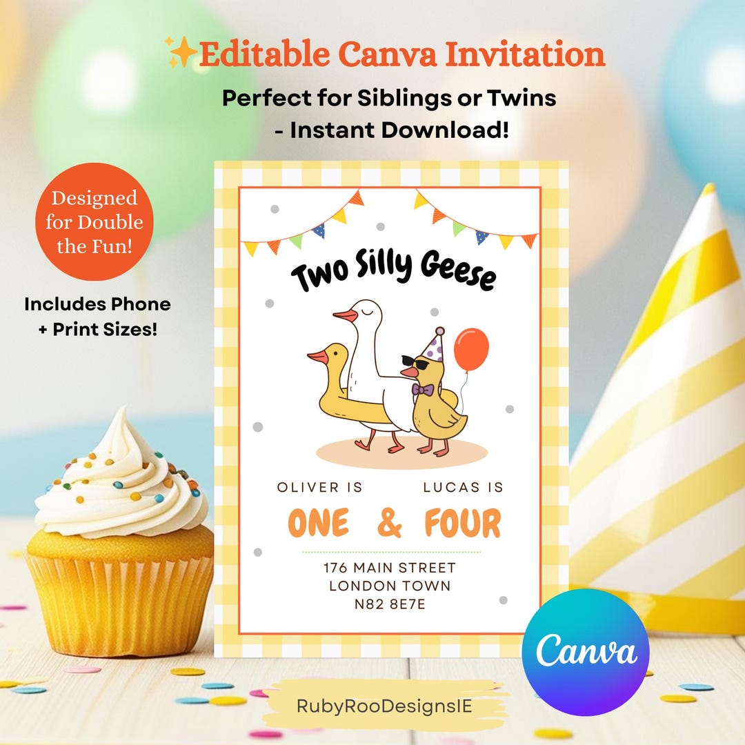 Two Silly Geese Birthday Invitation | Editable Canva Template | Joint ...