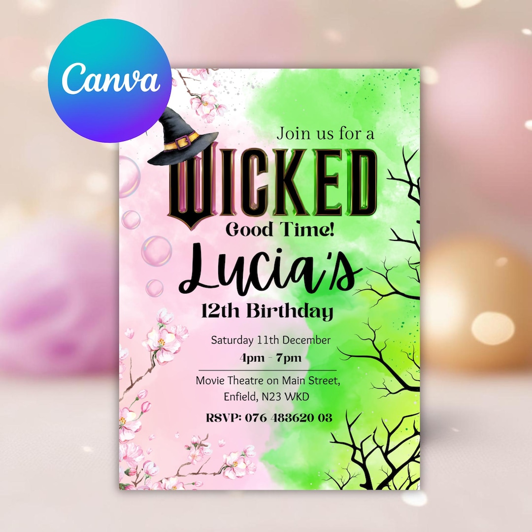 Wicked Party Invitation for Birthday Editable Invite Pink Vs Green ...