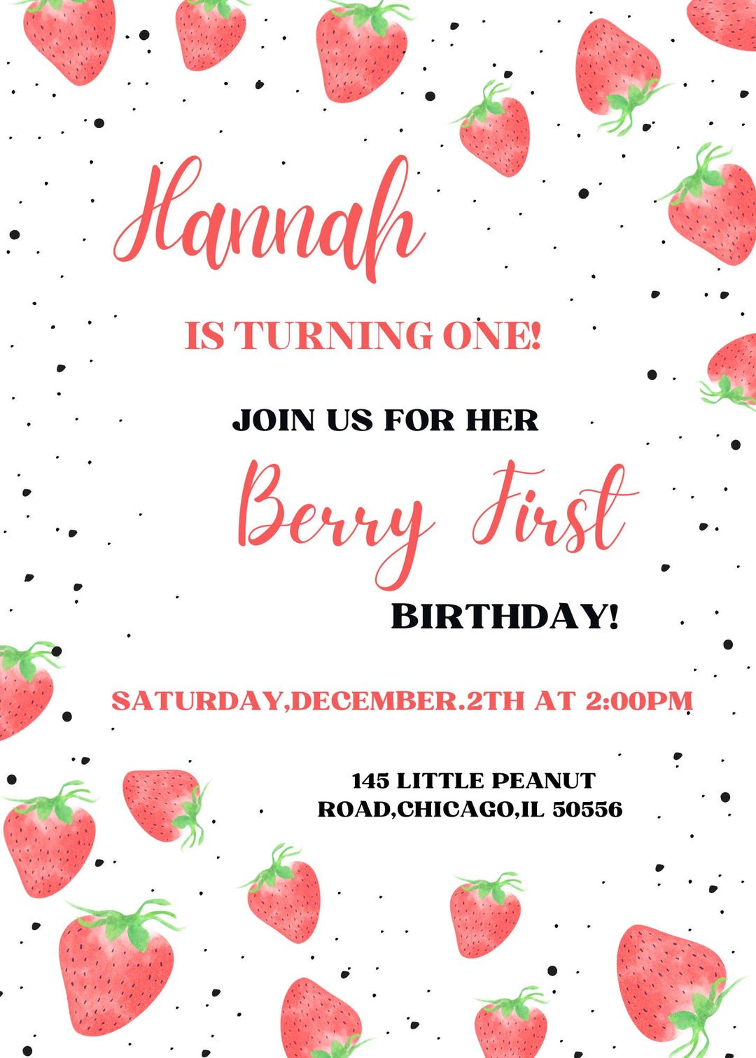 Editable Berry First Birthday Invitation, Red Strawberry Birthday ...