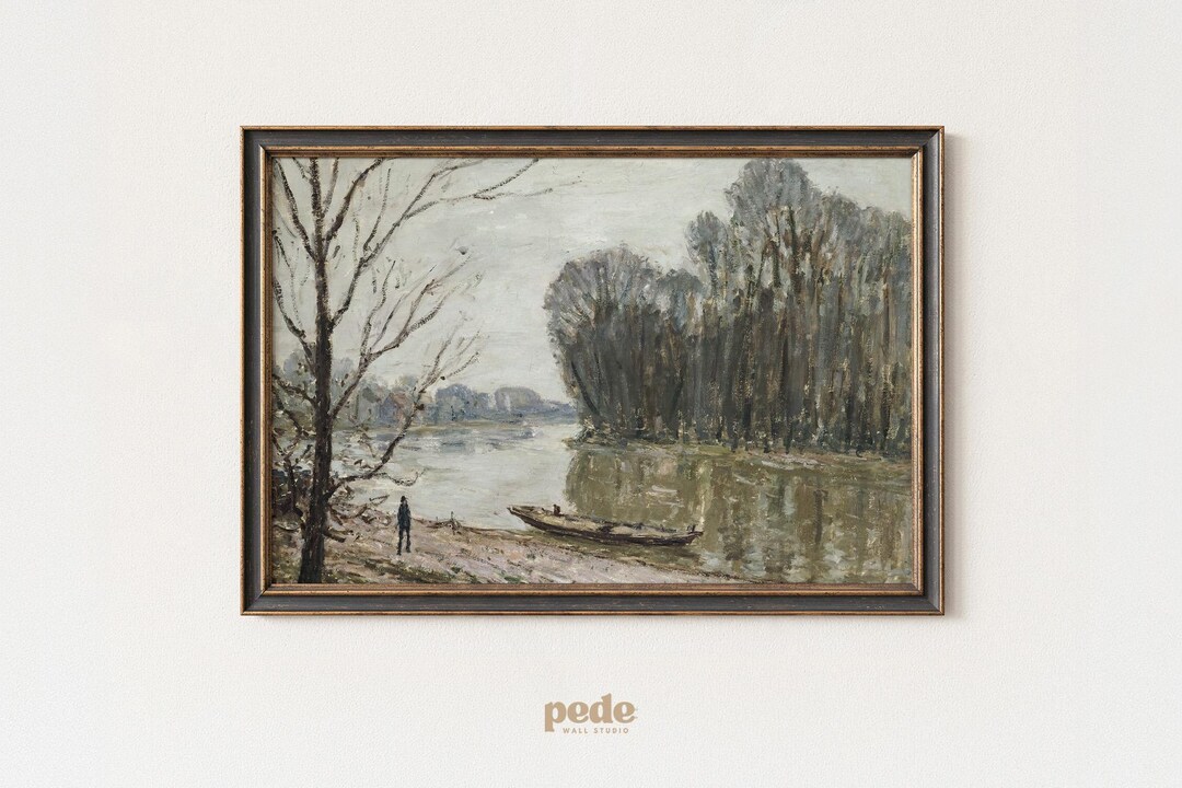 Reflective River View With Boat and Trees Printable Art: River ...