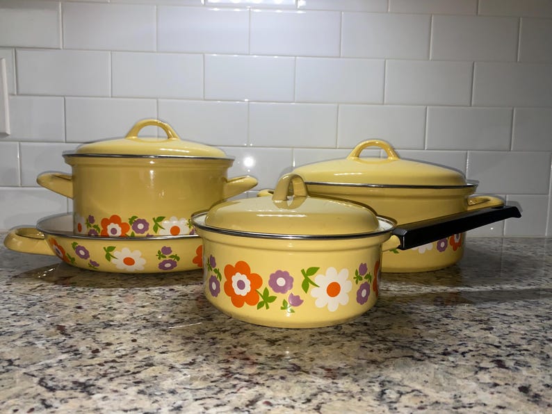 Vintage 1970s Flower Power Lidded Enamel Ware Metal Cooking MCM Pots - Etsy