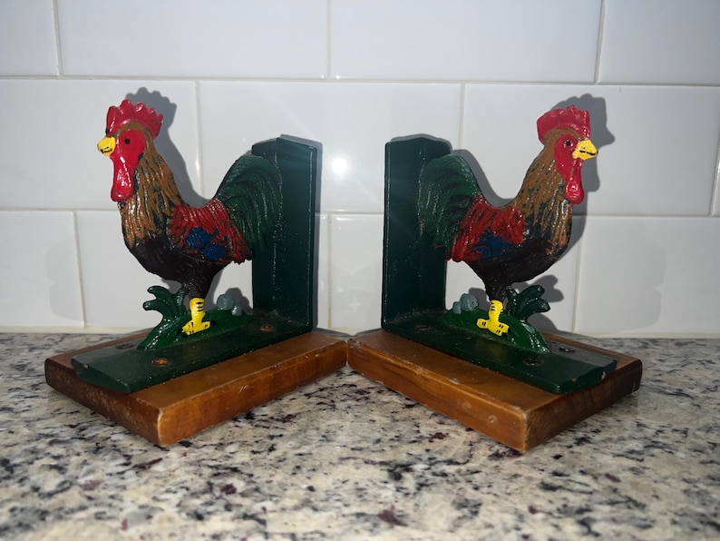 Vintage Cast Iron Rooster Bookends With Wooden Base - Etsy