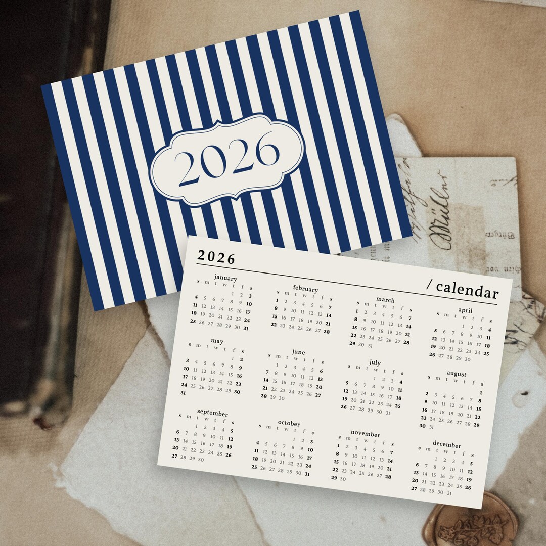 2026 Vintage Style Calendar: Navy Pinstripe Design Two-sided Card A6 ...