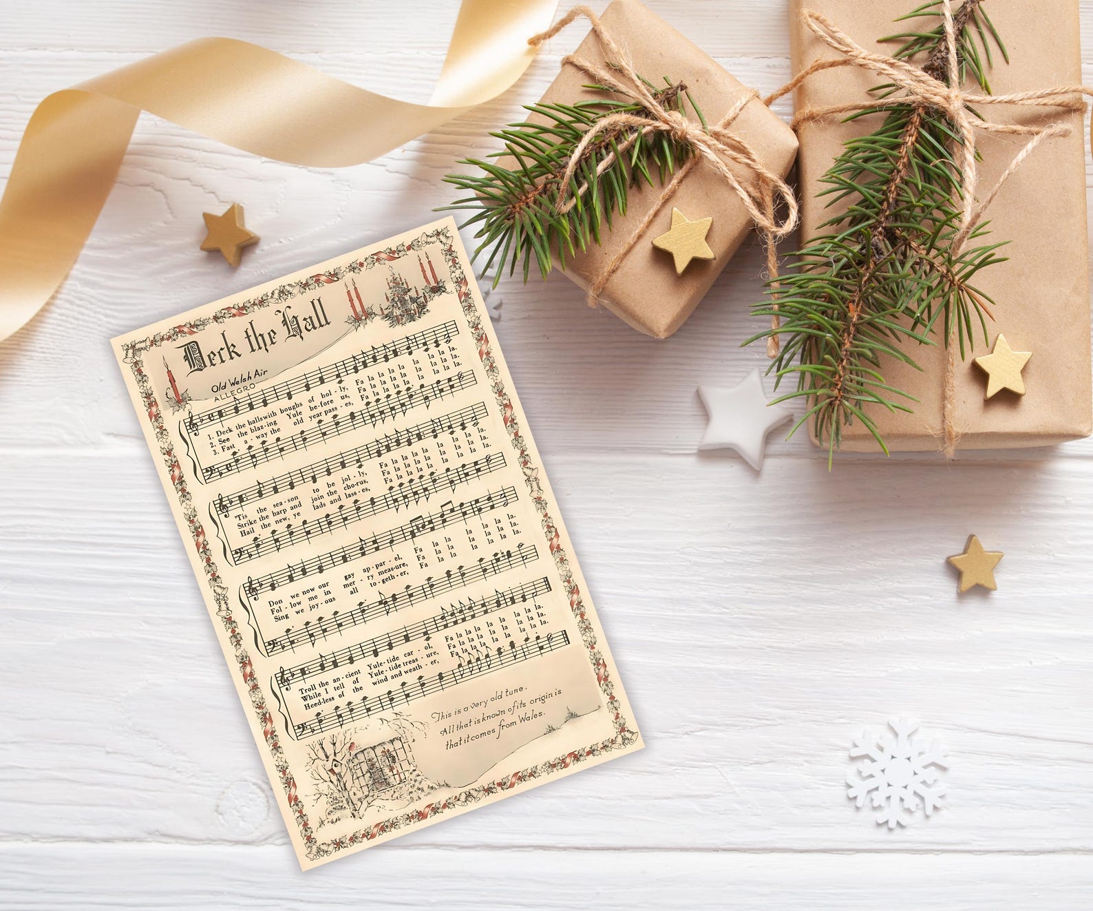 Printable Vintage Sheet Music, Christmas Carol Deck the Hall Digital ...