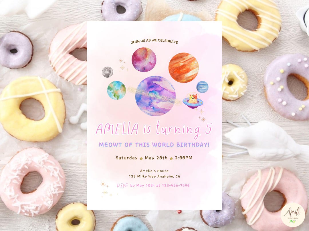 Editable Space Cat Birthday Party Invitation Meowt of This World Kitty ...