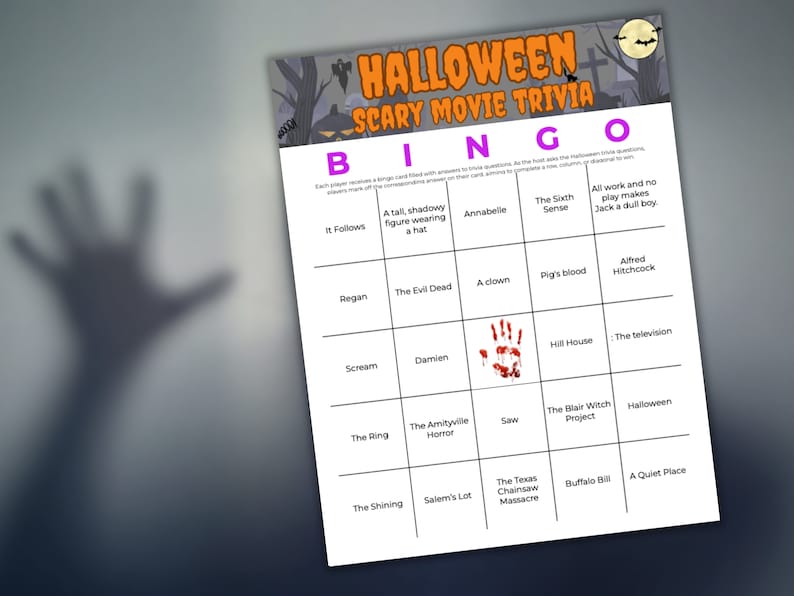 Halloween Horror Movie Trivia Bingo Game – Scary Movie Night Printable ...