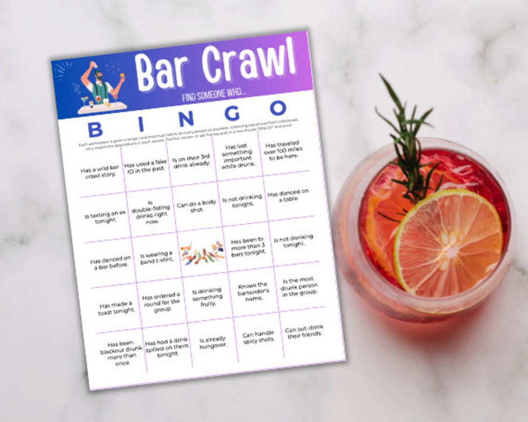 Printable Bar Crawl Bingo Game | Find Someone Who | Fun Bar Hopping ...