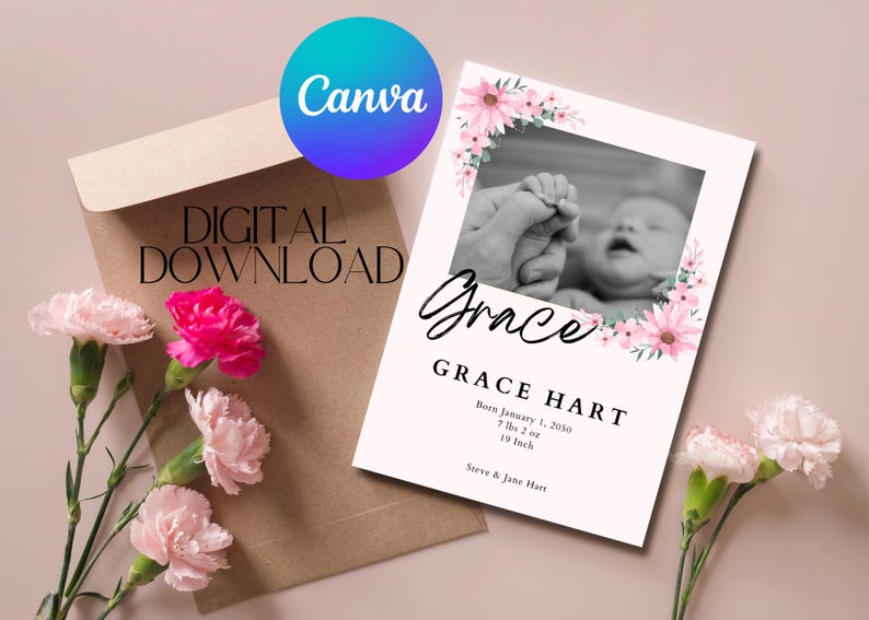 Baby Girl Birth Announcement Template | Editable Baby Announcement Card ...