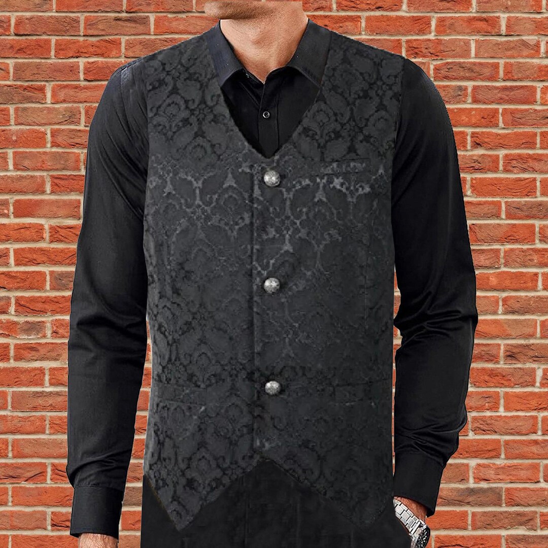 Men’s Tailored Black Brocade Formal Waistcoat Gothic Steampunk Brocade ...