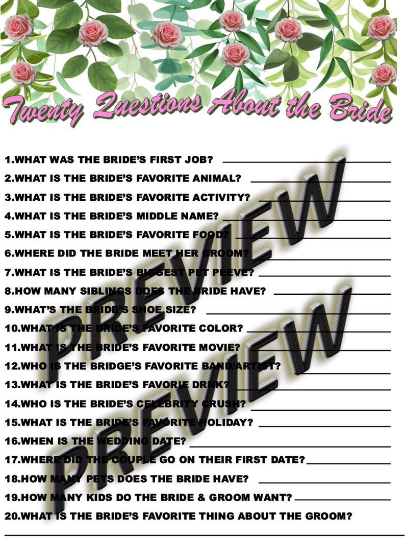 Twenty Questions About the Bride Game - Etsy
