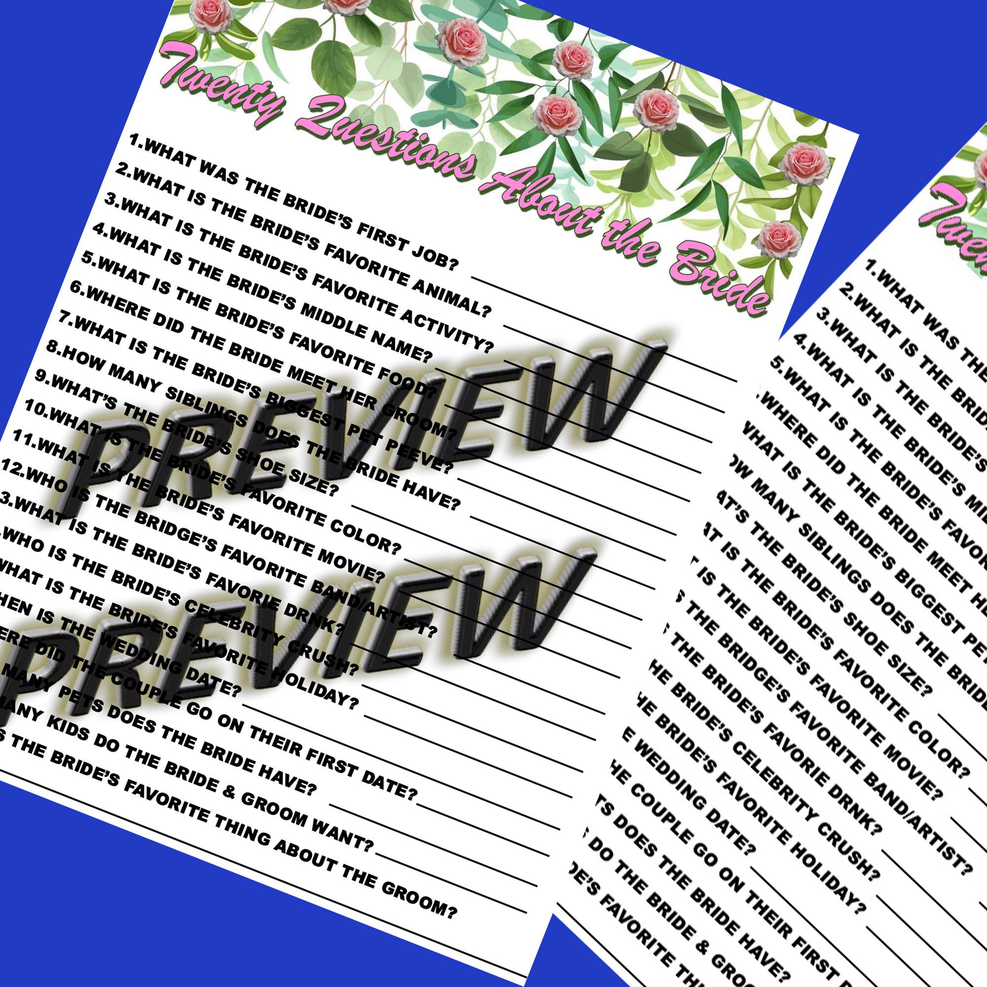 Twenty Questions About the Bride Game - Etsy