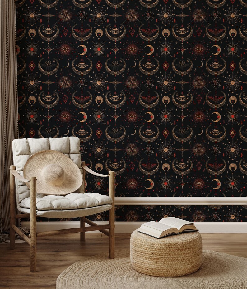 Dark Gothic Wall Mural Mystic Symbols Removable Wallpaper Moody Gothic ...