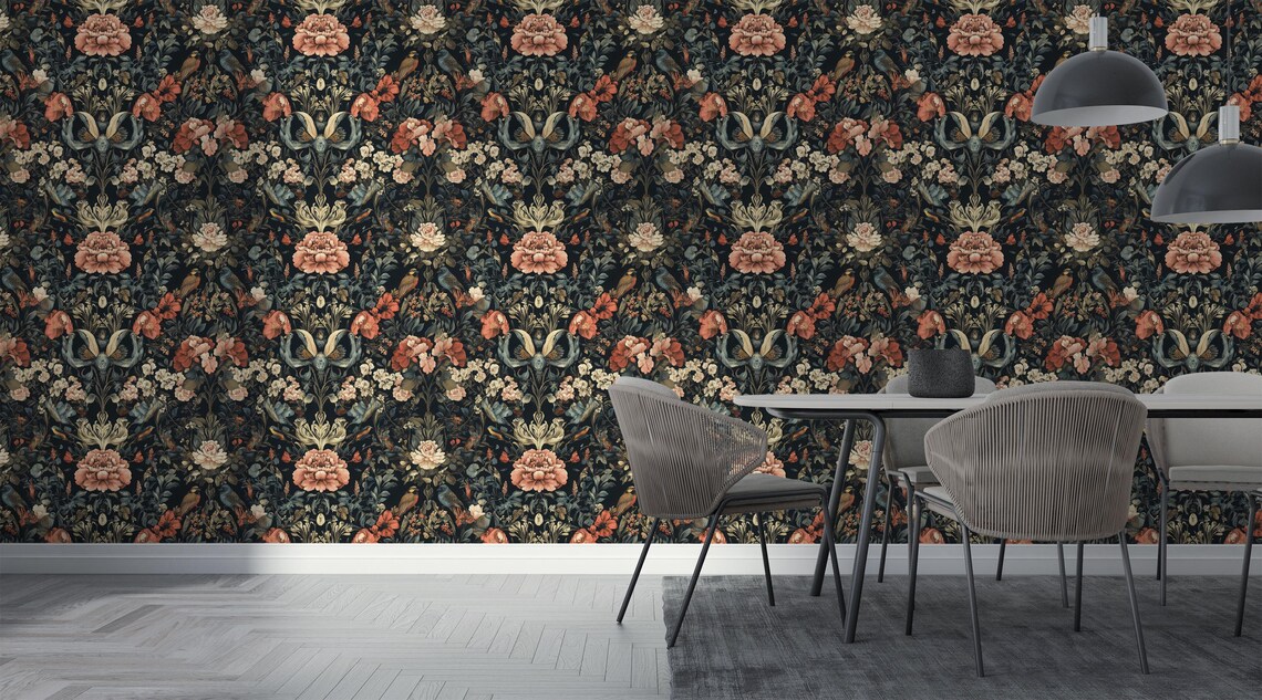 Dark Flower Removable Wallpaper Peel and Stick Wallpaper Dark Botanical ...