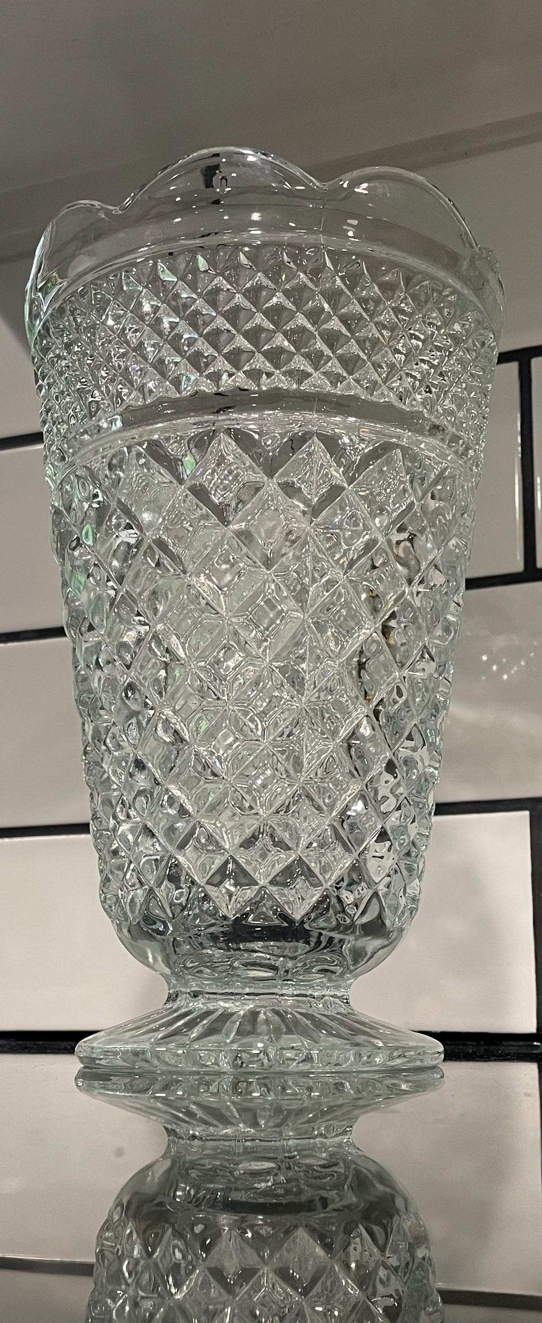 Vtg. Anchor Hocking Wexford Glass Footed Crystal Cut Scalloped Rim Vase ...