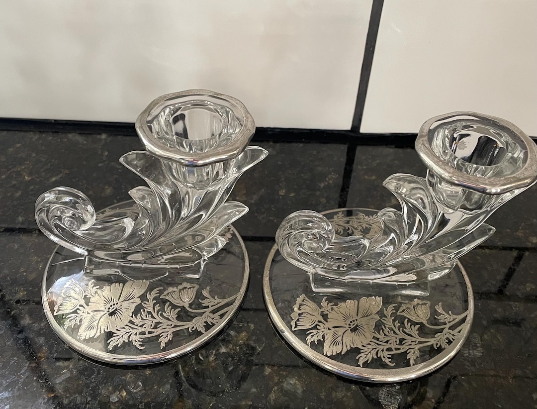 2 Vtg. Fostoria Baroque Cornucopia Etched Glass Candlestick Silver ...