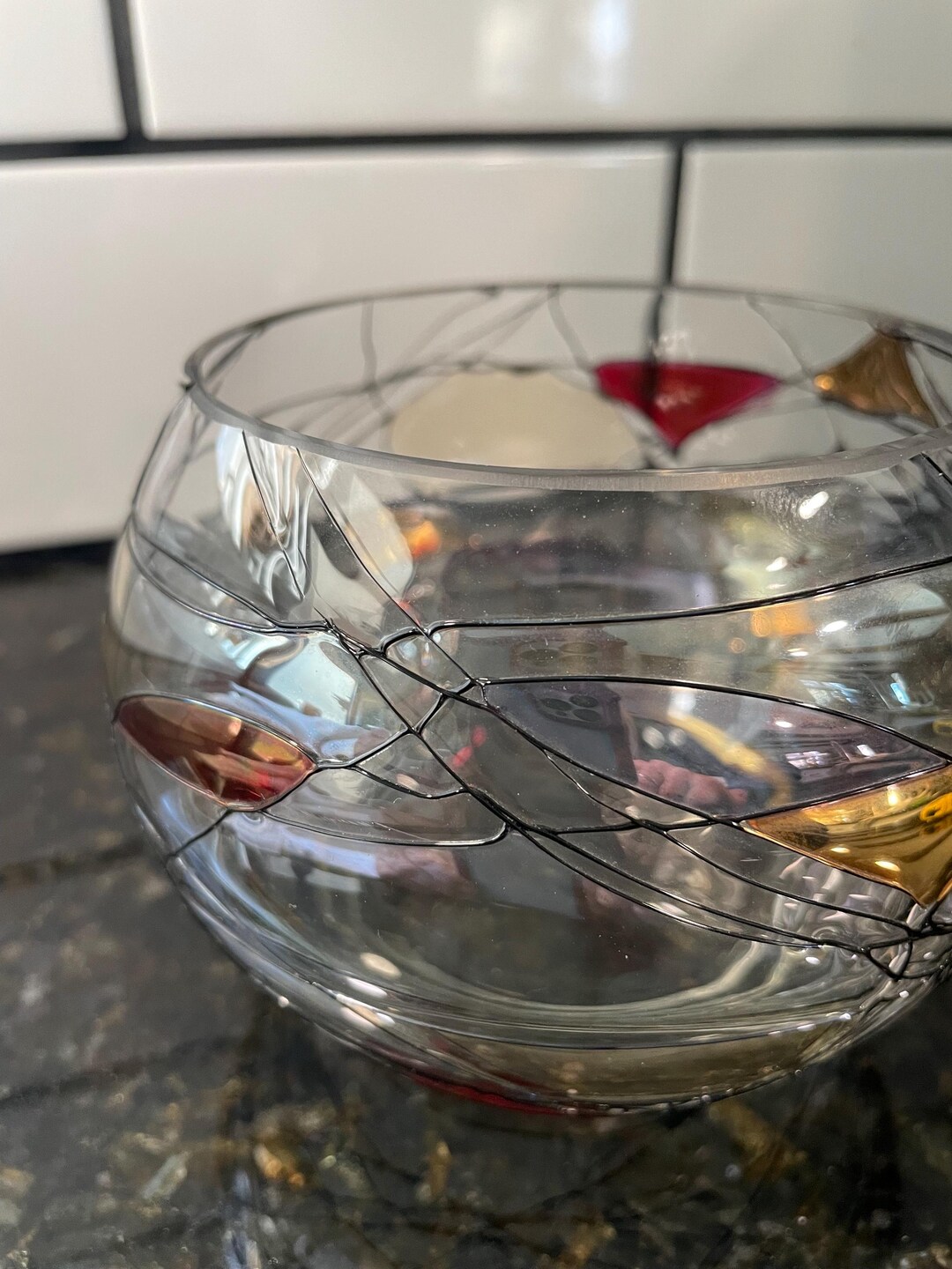 Retired! Homco Partylite Mosaic Calypso Candle Holder Stain Glass Bowl ...